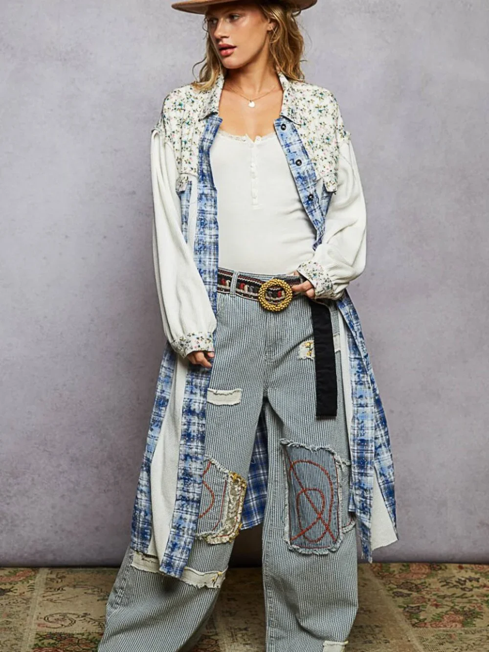 POL | Other | Blue White And Plaid Flower Duster | Poshmark